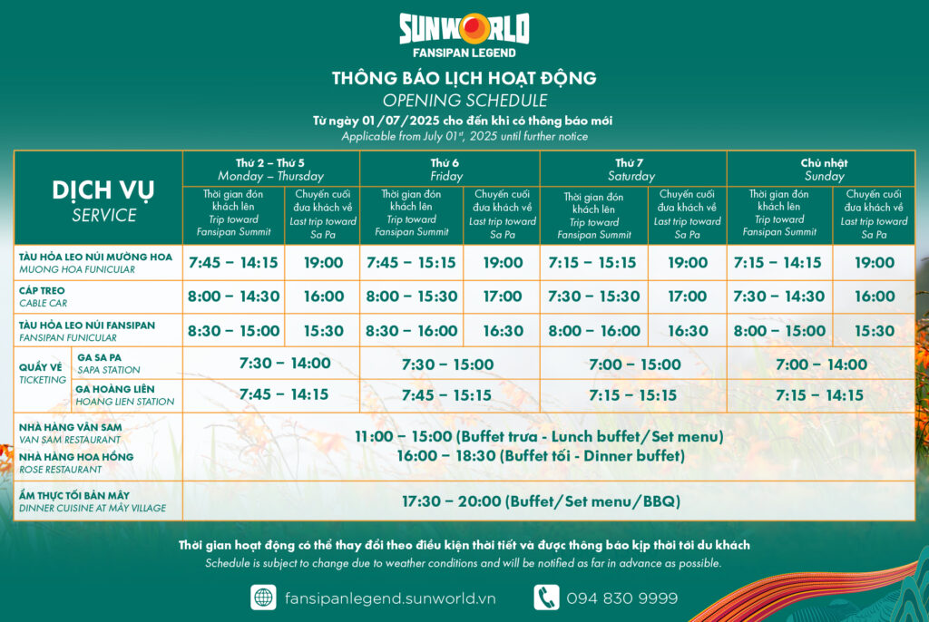 NOTICE OF OPERATION SCHEDULE FROM JULY 1, 2025 – SUN WORLD FANSIPAN LEGEND