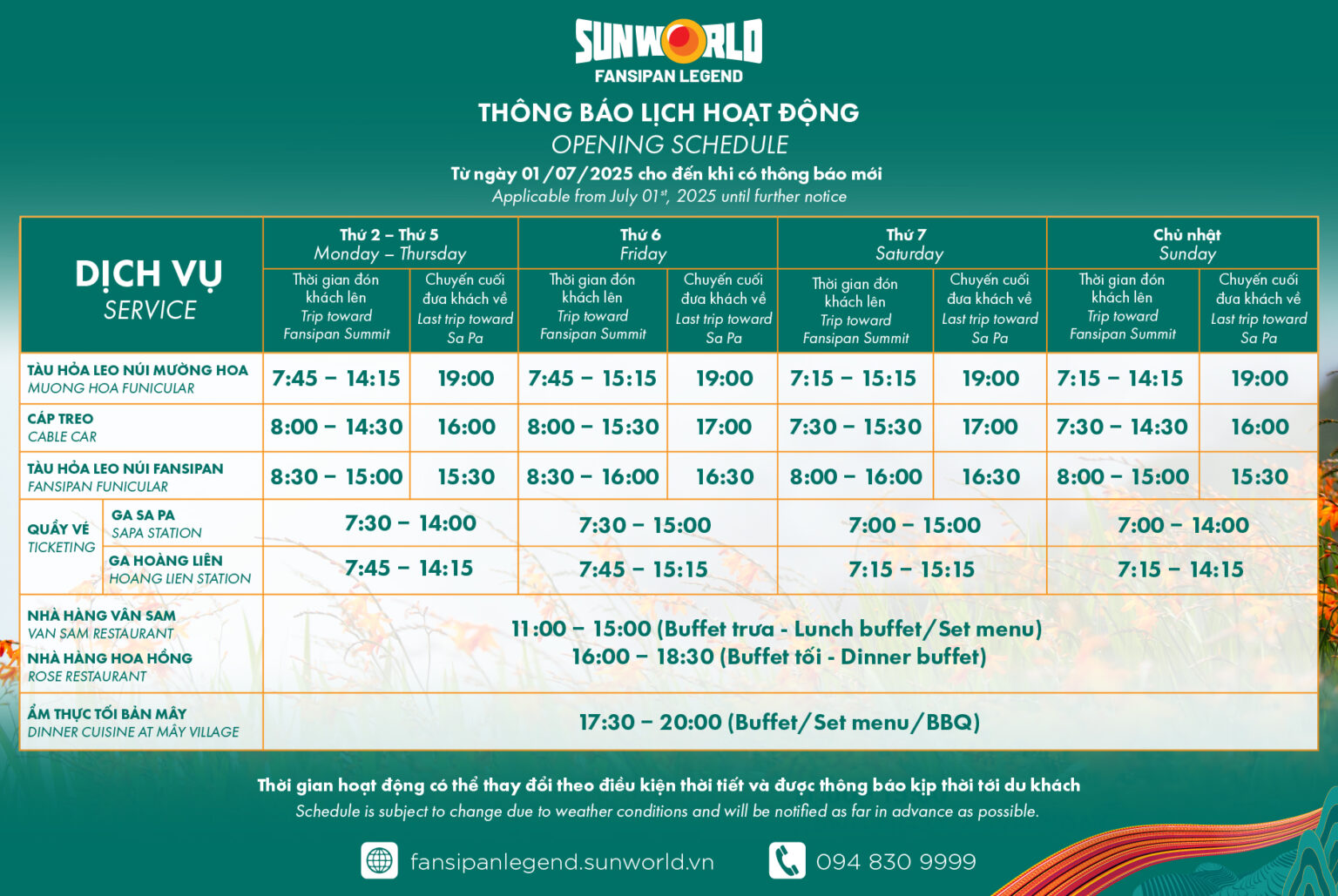 NOTICE OF OPERATION SCHEDULE FROM JULY 1, 2025 – SUN WORLD FANSIPAN LEGEND